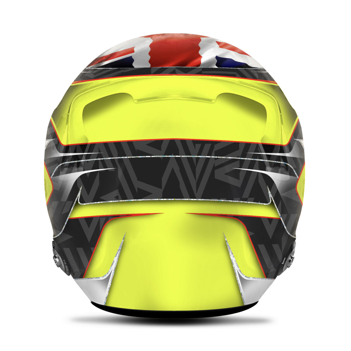 Ross Gunn helmet design is design with neon colors on an Stilo helmet